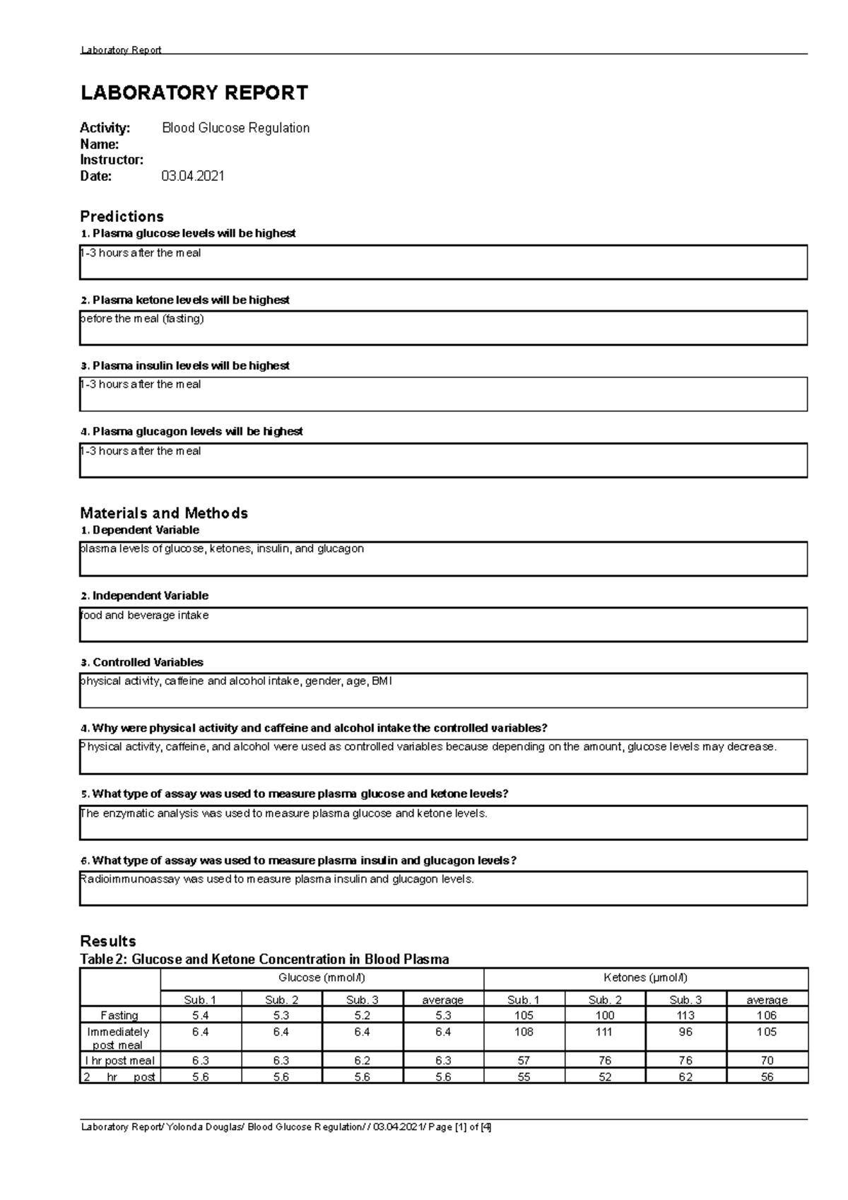 Sec 3 insulin copy - anatomy - LABORATORY REPORT Activity: Blood ...