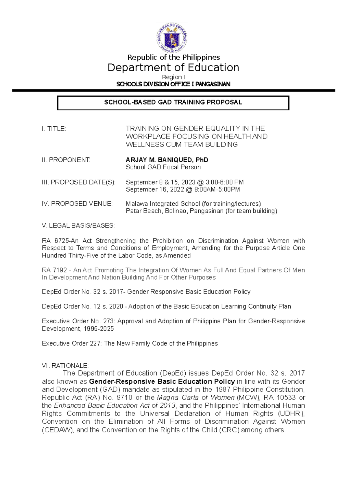 GENDER AND DEVELOPMENT - Republic of the Philippines Department of ...