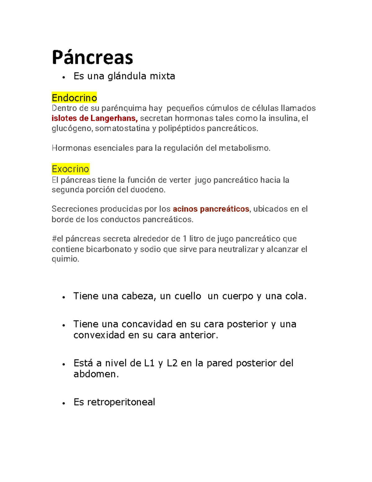 Resumen de anatomía del páncreas basado en Latarjet - Páncreas Es una ...