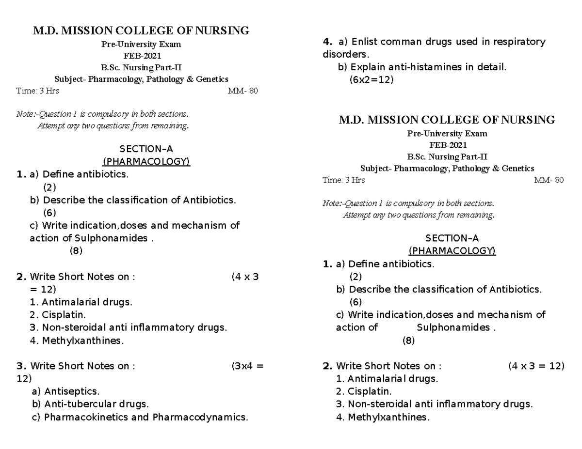 Pre-uni 2021 pharma-Patho B.Sc. N II Yr - Copy - M. MISSION COLLEGE OF ...