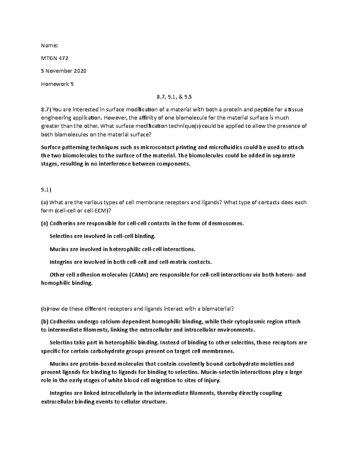 CSM Mines MTGN 472 Biomaterial Protein and Cell Interactions Homework ...