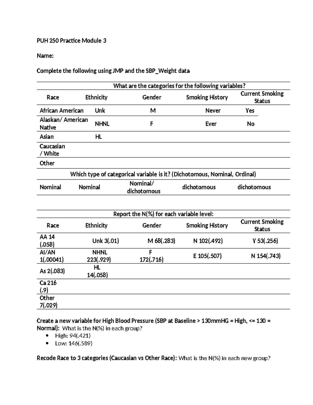 PUH 250 Practice Module 3 - PUH 250 Practice Module 3 Name: Complete ...