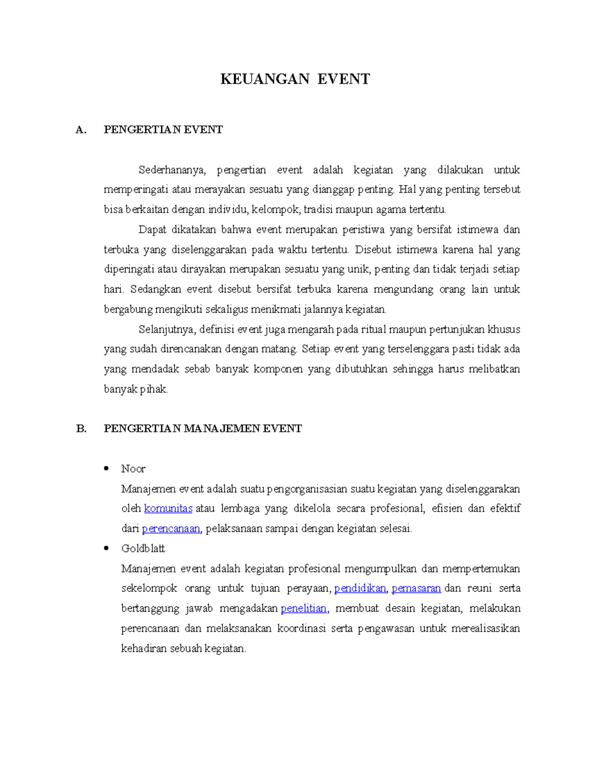 Keuangan Event - Lecture notes 1 - KEUANGAN EVENT A. PENGERTIAN EVENT ...