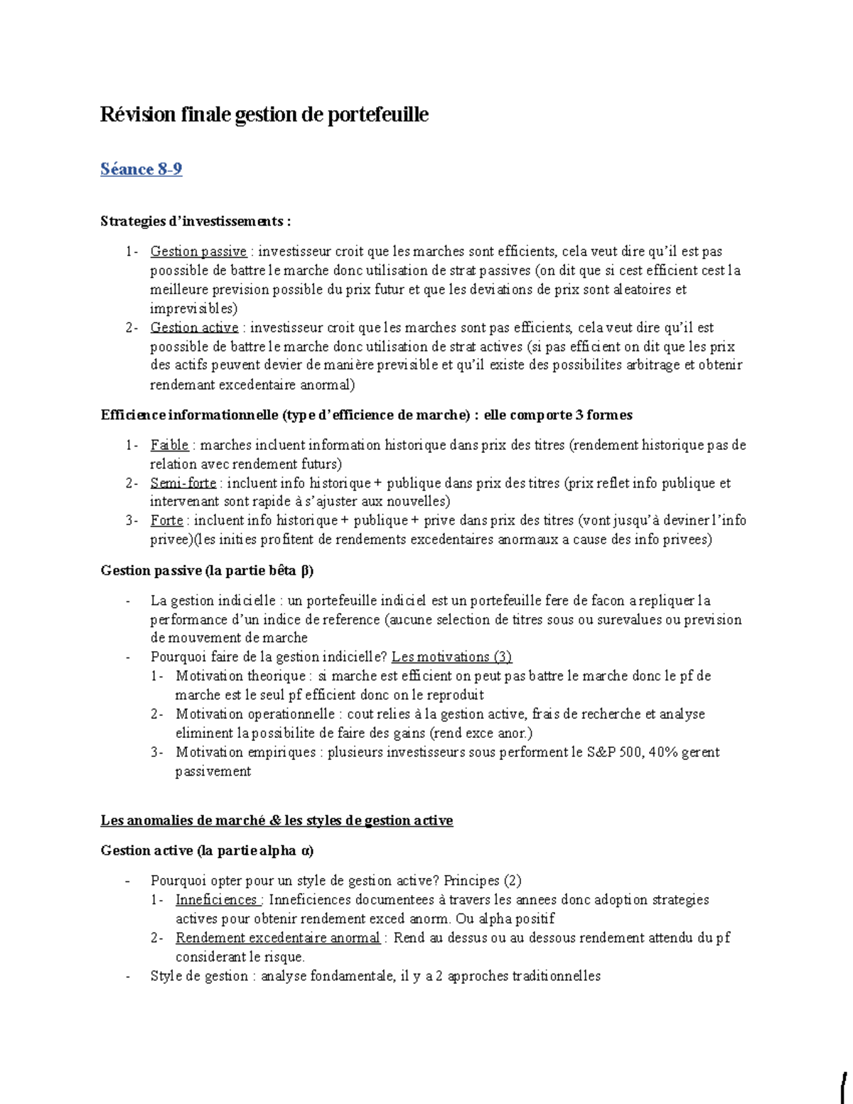 Revision examen final gestion de portefeuille 2 - Révision finale gestion de portefeuille Séance ...