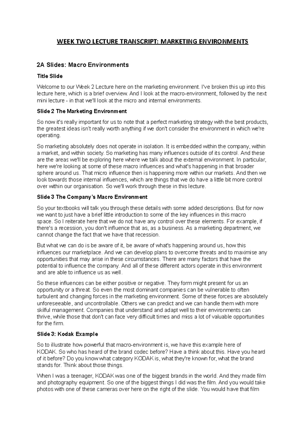 Week Two Lecture Transcripts Marketing Environments - WEEK TWO LECTURE ...