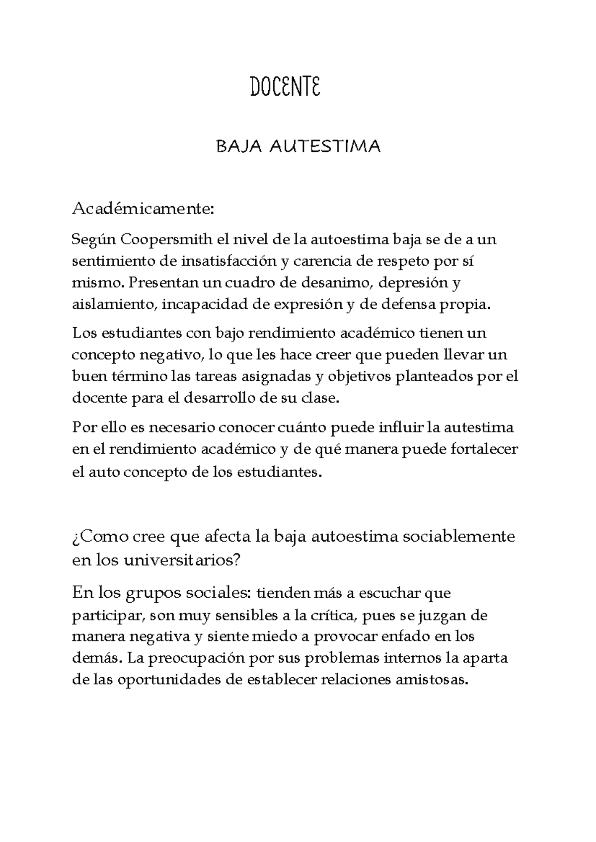 Trabajo de taller para la vida UNIV - DOCENTE BAJA AUTESTIMA ...