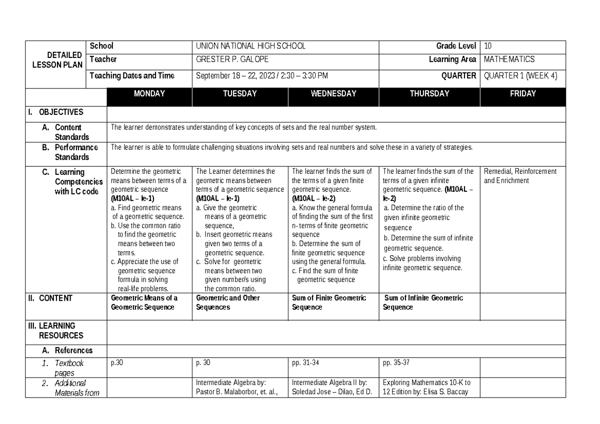 Quarter 1 week 4 - DLL - DETAILED LESSON PLAN School UNION NATIONAL ...