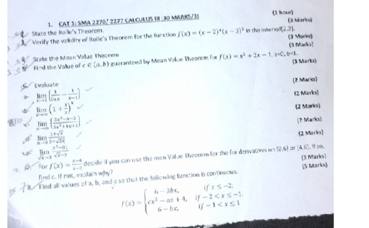 Calculus III cat 1 - 1. CAT: 1: SMA 2277 CALCULUS (30 (1 hour) State ...