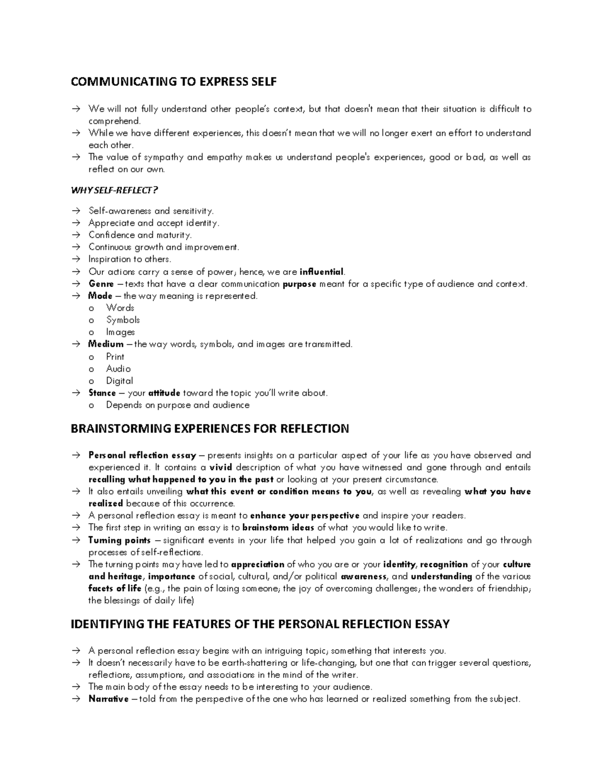 ENGL 11 - Reflection Essay - COMMUNICATING TO EXPRESS SELF We will not ...