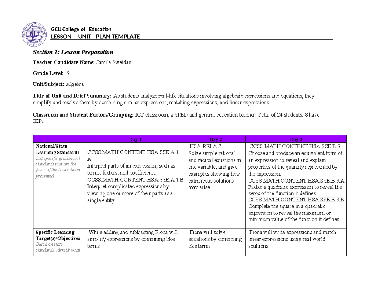 Algebraic Lesson Plan - Section 1: Lesson Preparation Teacher Candidate ...