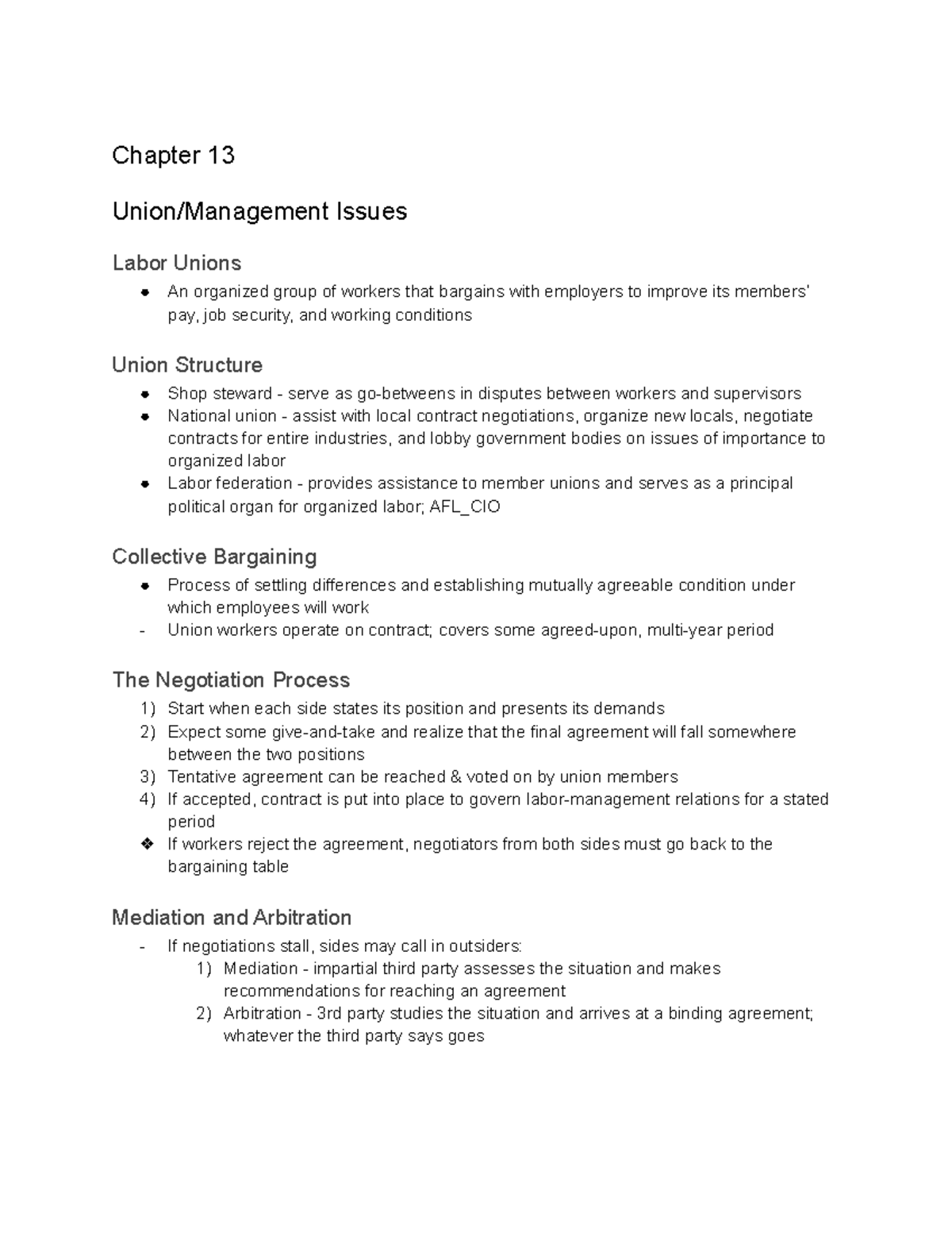 Chapter 13 - Textbook notes - Chapter 13 Union/Management Issues Labor ...