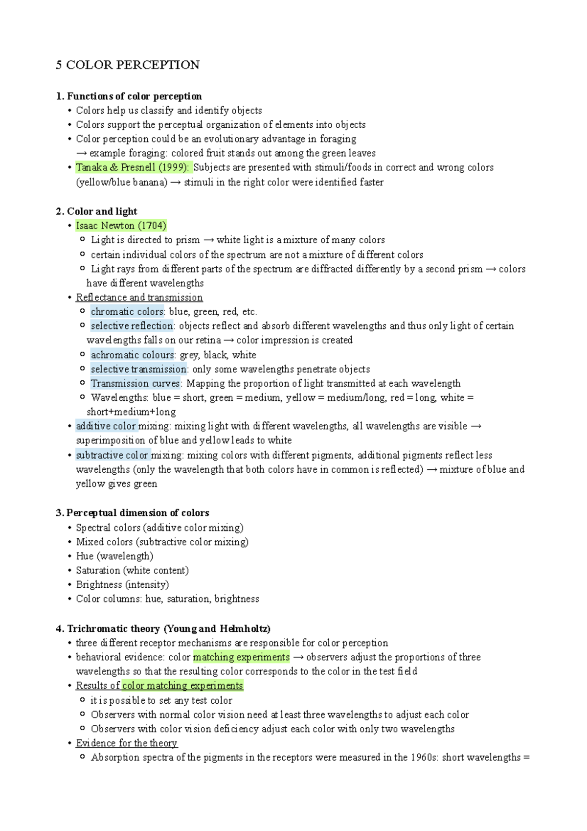 Summary Lecture 5 - Color Perception - 5 COLOR PERCEPTION Functions of ...