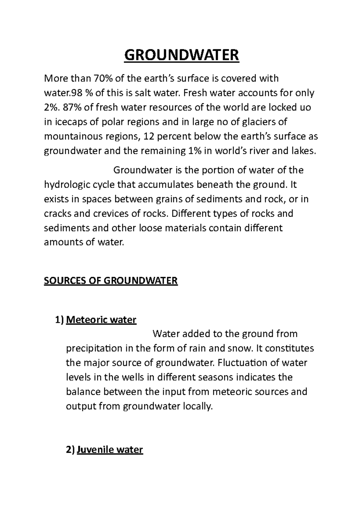 Groundwater - GROUNDWATER More than 70% of the earth’s surface is ...