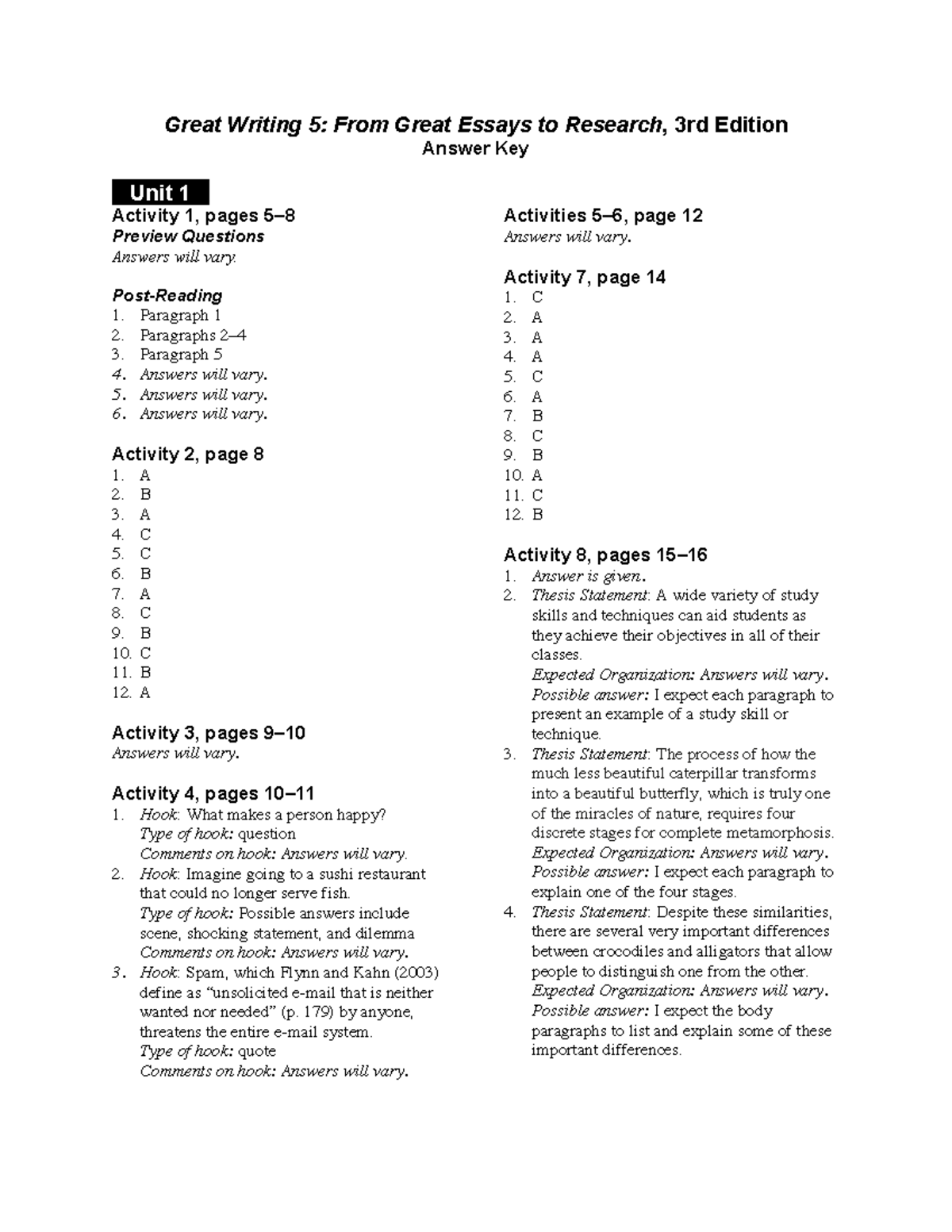 Great Writing 5 Answer Key 3rd - Great Writing 5: From Great Essays to ...