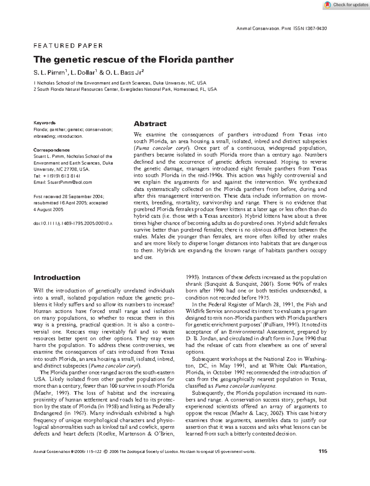 Animal Conservation - 2006 - Pimm - The genetic rescue of the Florida ...