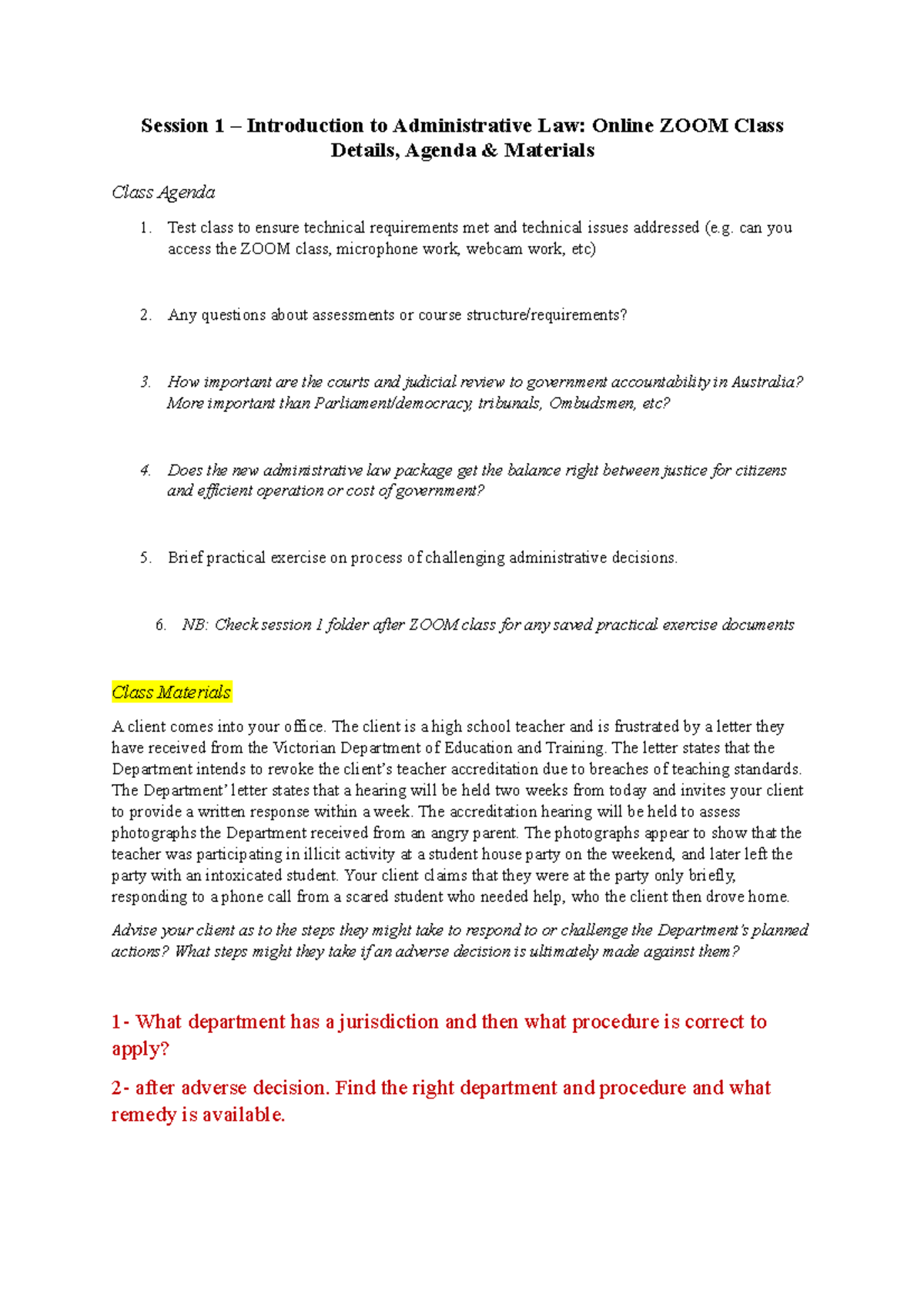 Class exercises 1-10 - Admin law - Session 1 – Introduction to ...