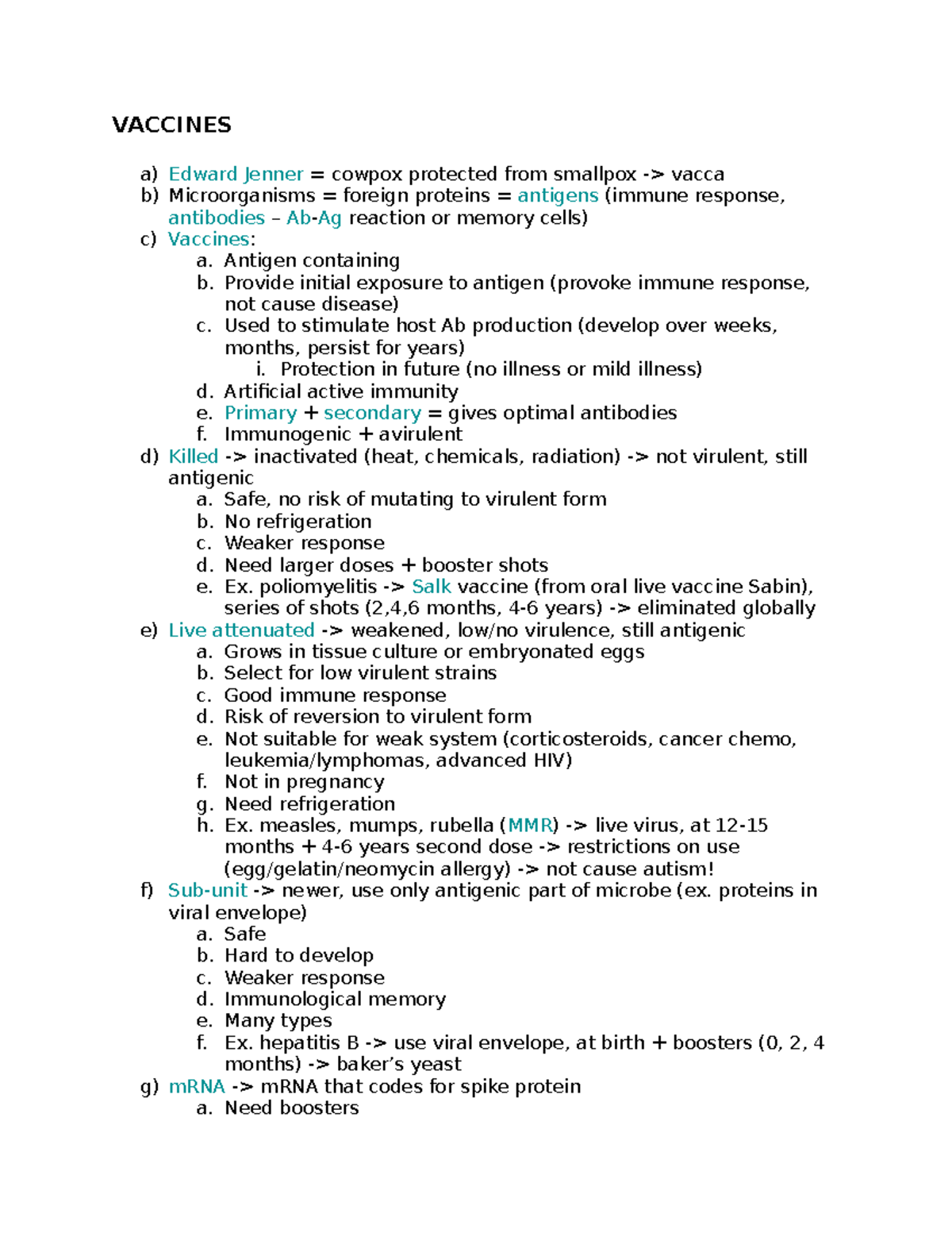 Vaccines - Vaccine lecture notes - VACCINES a) Edward Jenner = cowpox ...