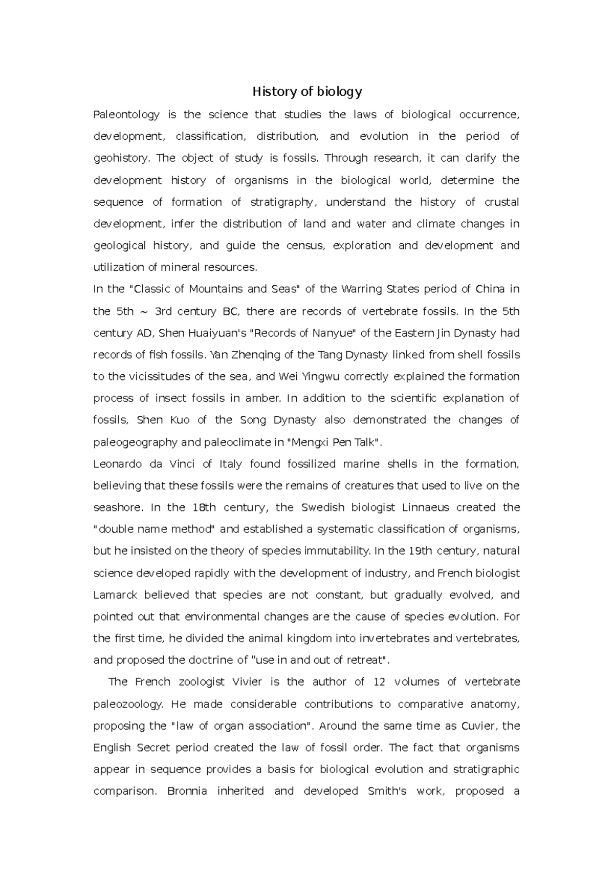 History of biology BIOL160 - History of biology Paleontology is the ...