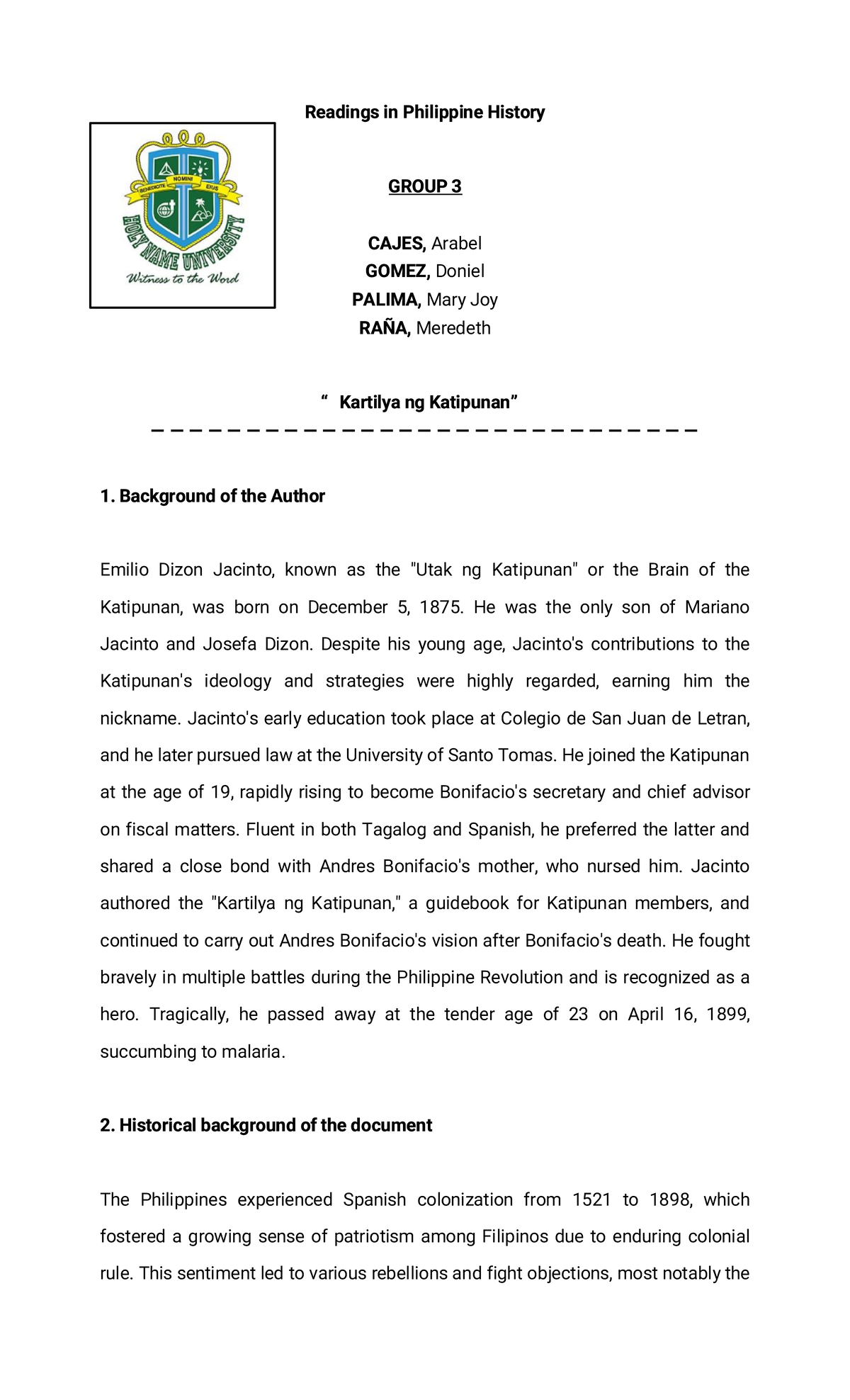 GEC HIST 2 1 - It's a primary source about Kartilya ng Katipunan - Readin gs in Philipp in e ...