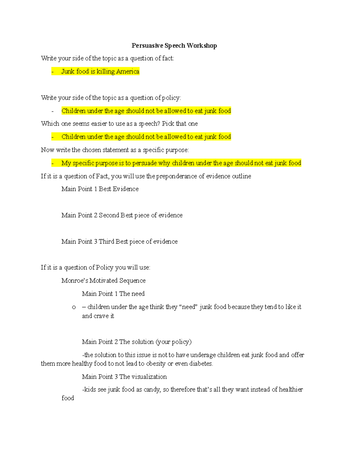 Persuasive Speech Workshop worksheet - Persuasive Speech Workshop Write ...