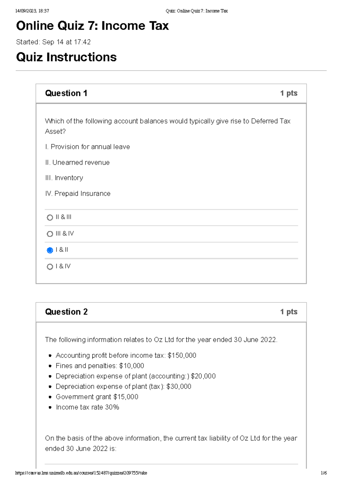 Quiz Online Quiz 7 Income Tax - Online Quiz 7: Income Tax Started: Sep ...