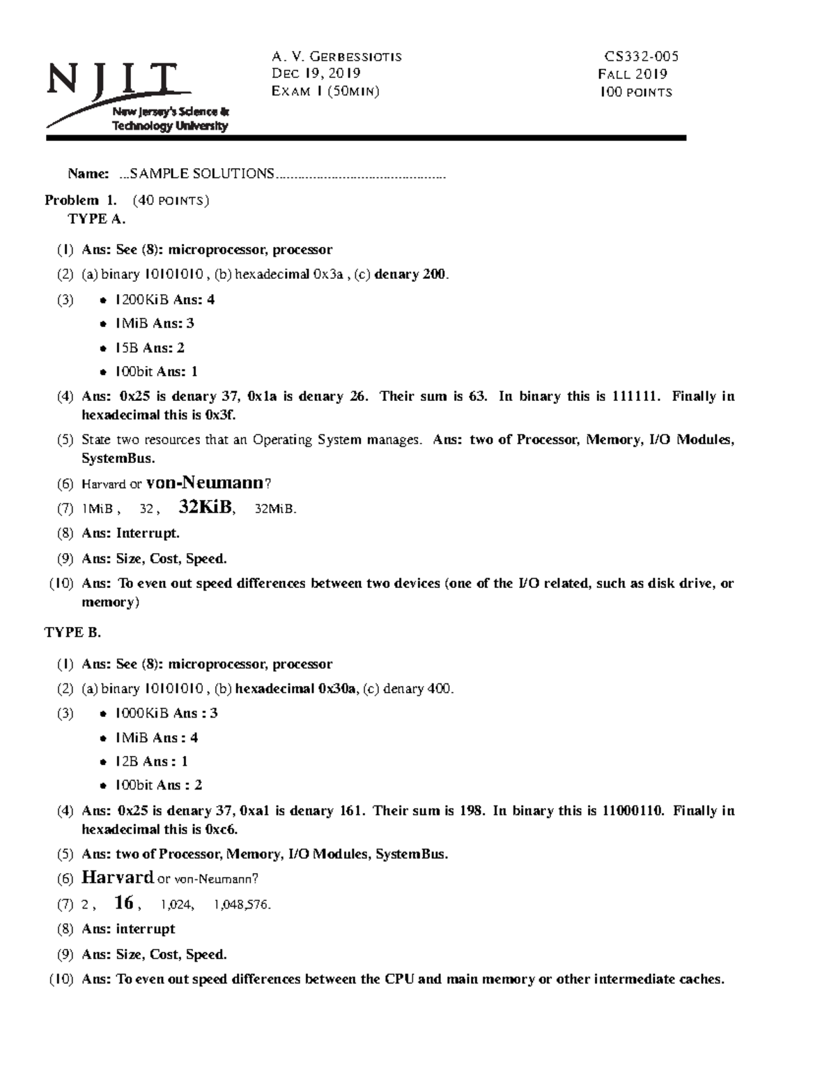 Sample exam answers - A. V. GERBESSIOTIS CS332- DEC 19, 2019 FALL 2019 EXAM 1 (50MIN) 100 POINTS ...