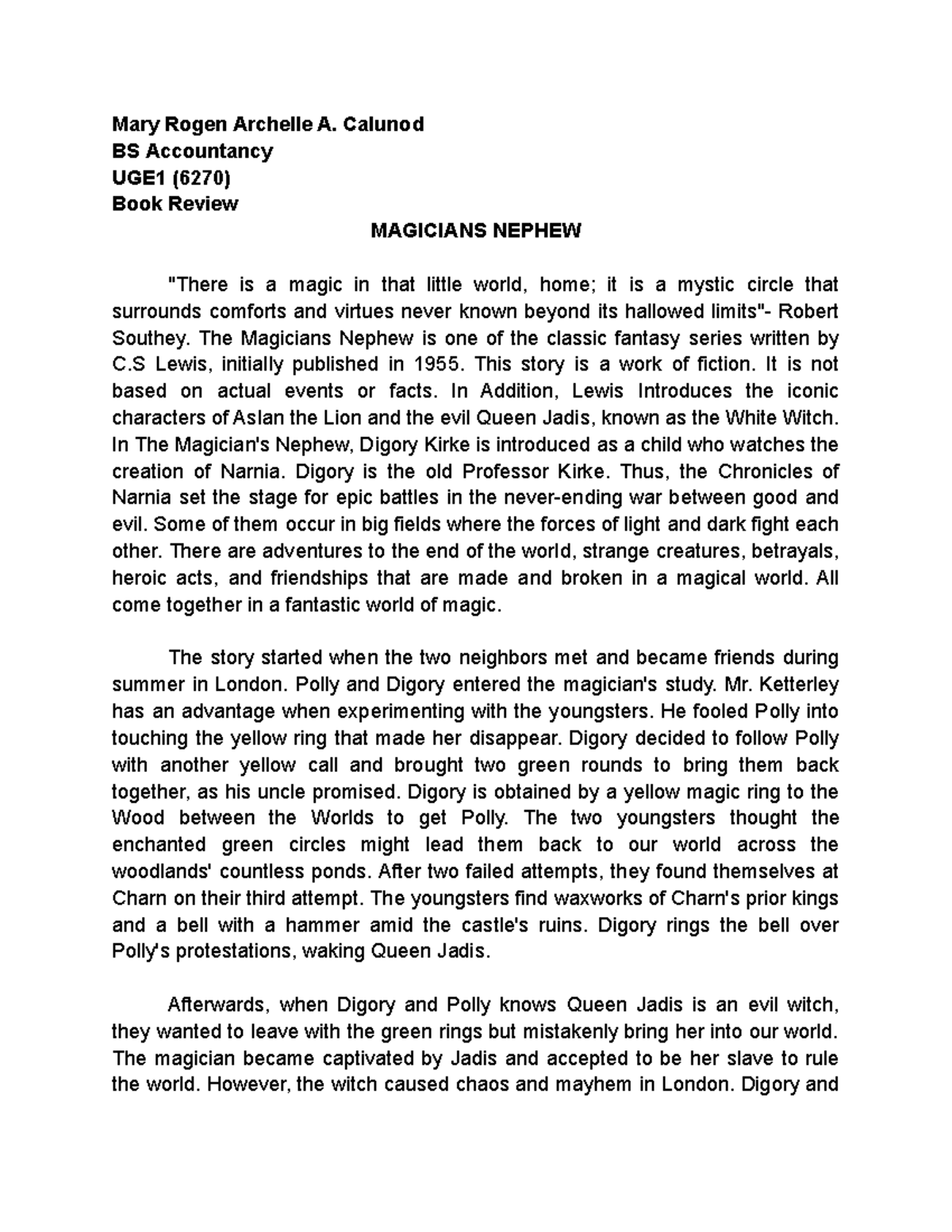 BOOK Review - FINAL REQUIREMNTS - Mary Rogen Archelle A. Calunod BS ...