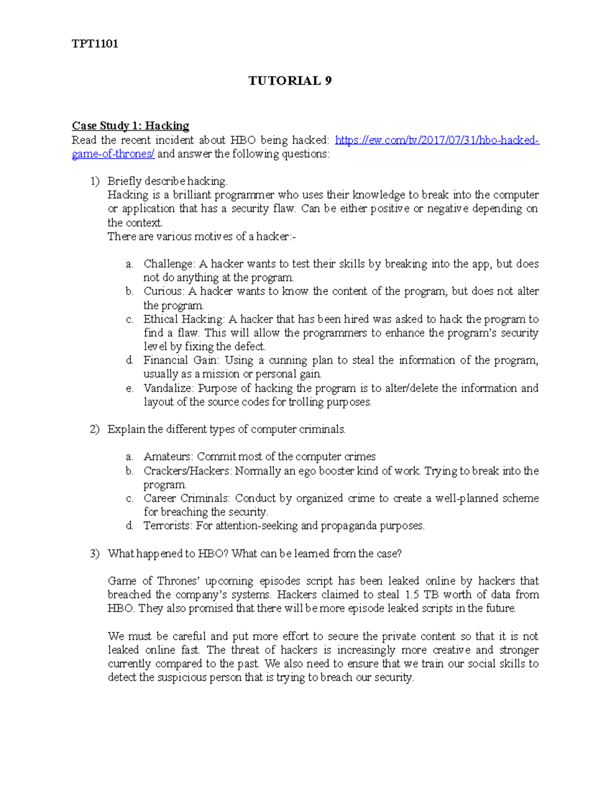 TPT1101 Tutorial 9 (Computer Crime) - TUTORIAL 9 Case Study 1: Hacking ...