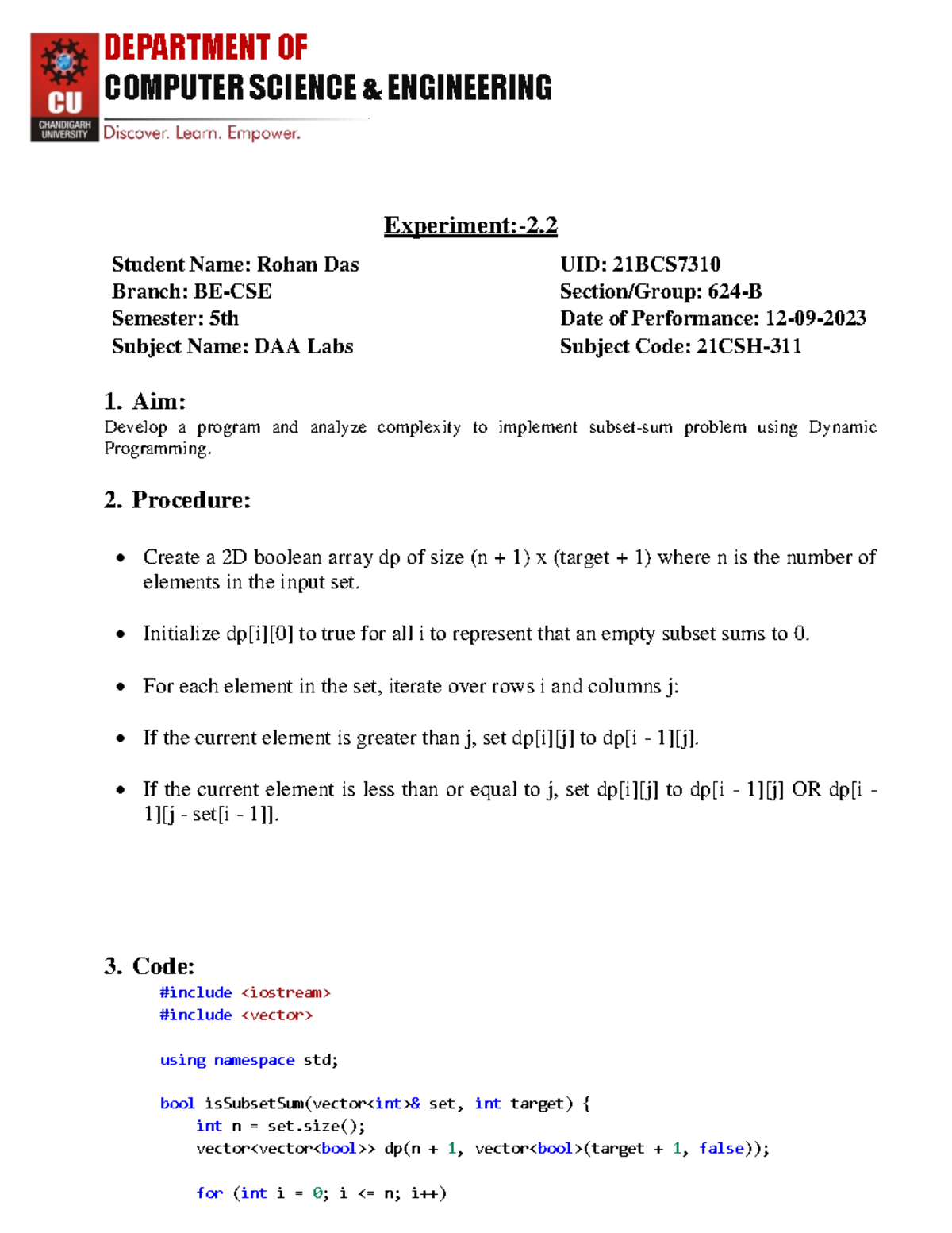 Daa 2 - No des - DEPARTMENT OF COMPUTER SCIENCE & ENGINEERING Experiment:-2. Student Name: Rohan ...