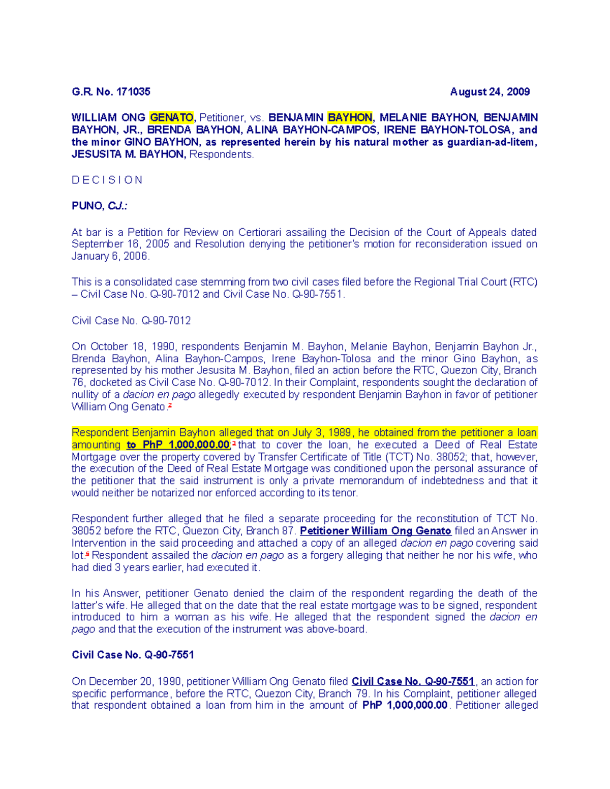 1. Genato vs Bayhon et al, 2009 - G. No. 171035 August 24, 2009 WILLIAM ...