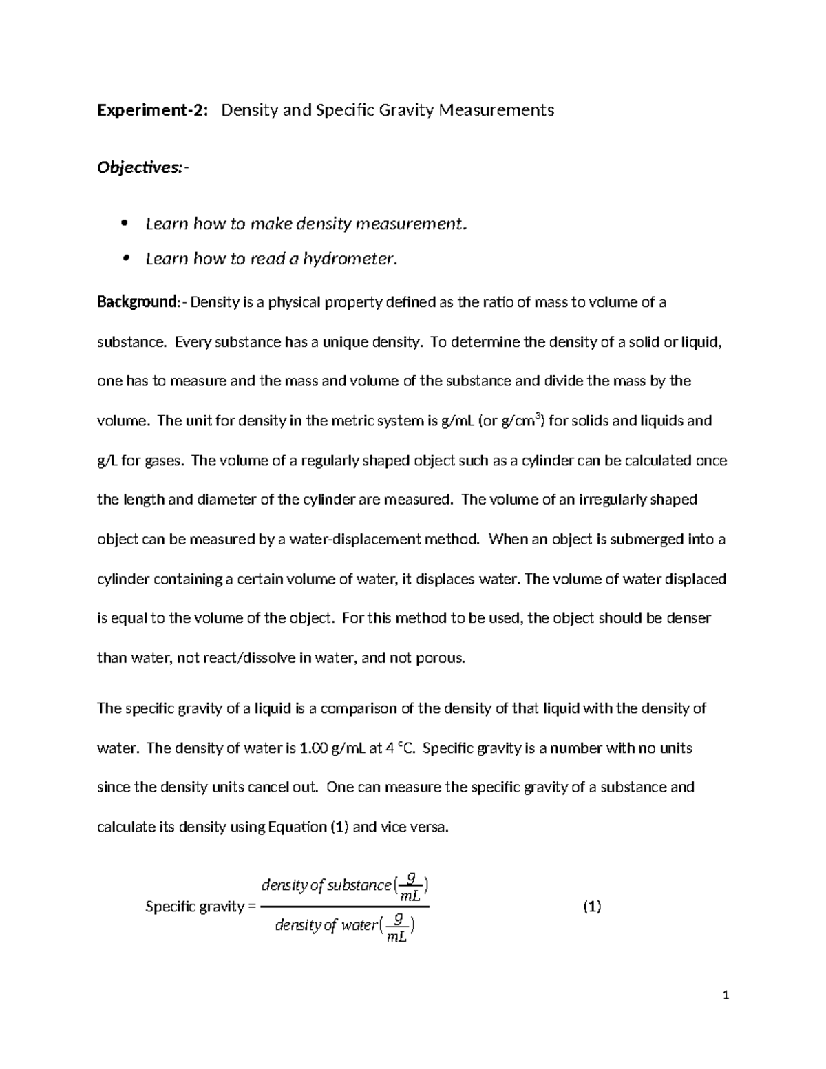 Lab2 - assignments - Experiment-2: Density and Specific Gravity ...