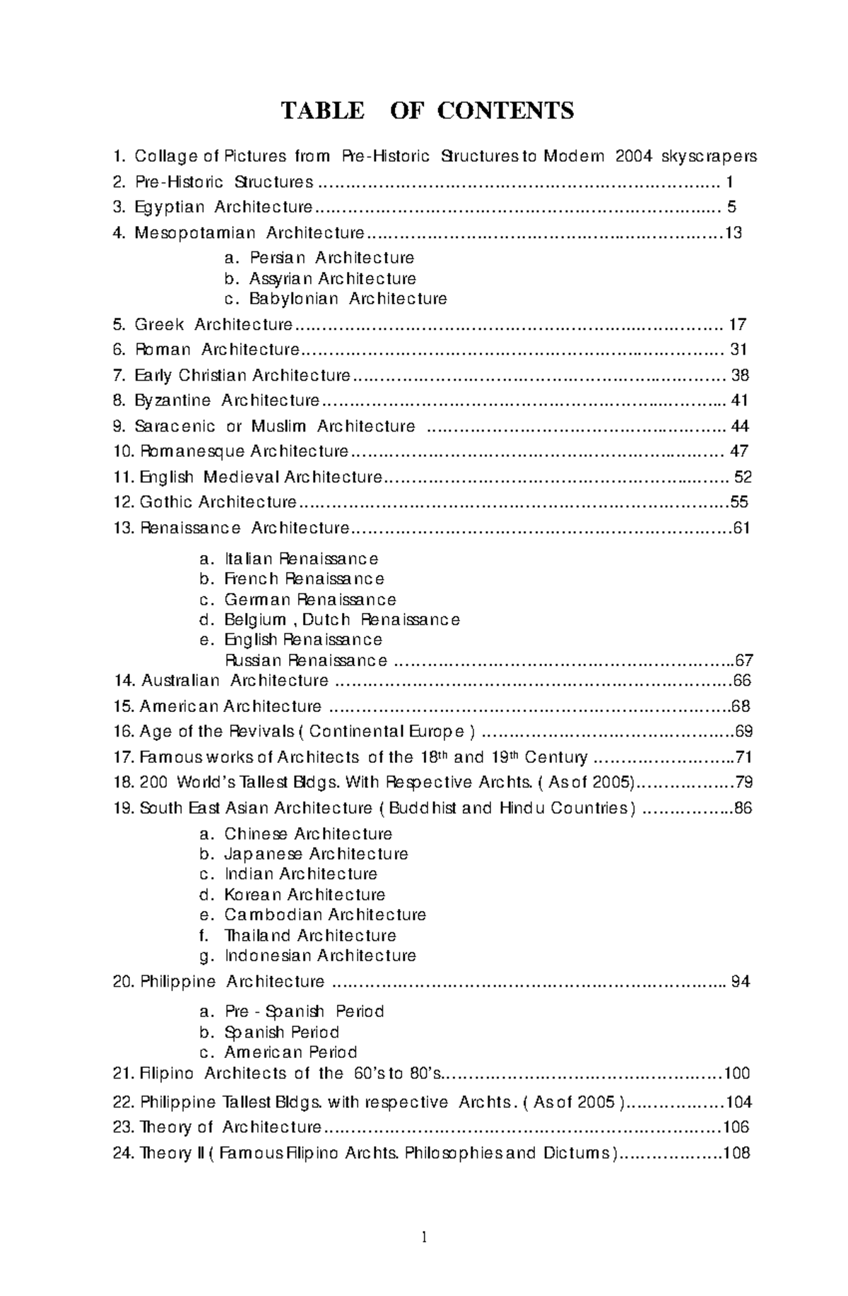B - Pre Historic - Egyptian 01-13 Revised - TABLE OF CONTENTS Co lla g ...