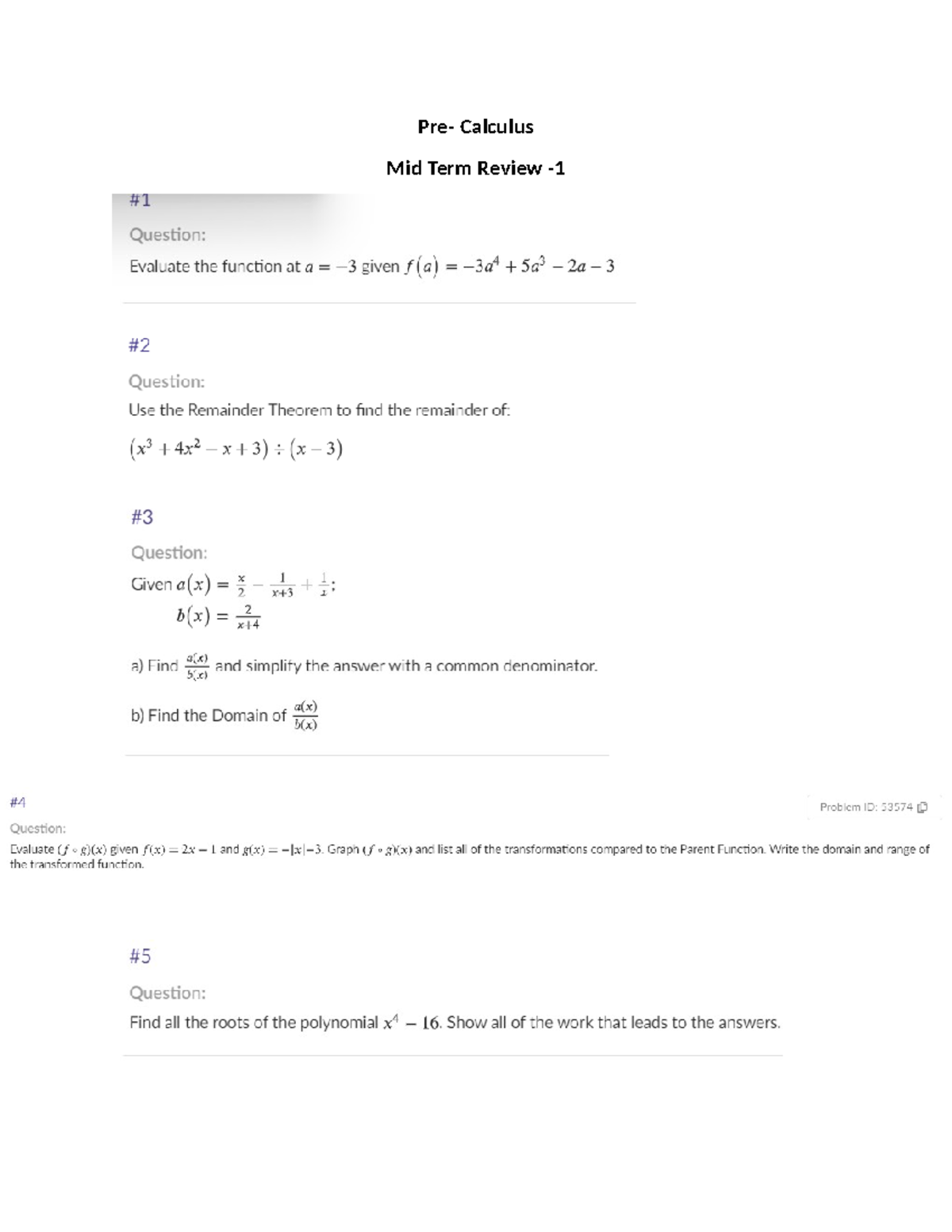 Mid term Review 1 - MCQ Precalc practice - Pre- Calculus Mid Term ...