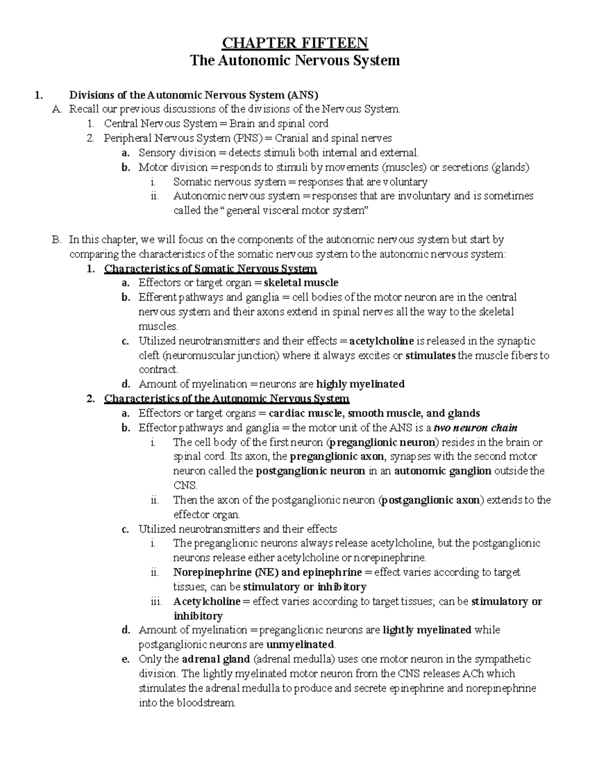 Chapter 15 Outline autonomic nervous system - CHAPTER FIFTEEN The ...