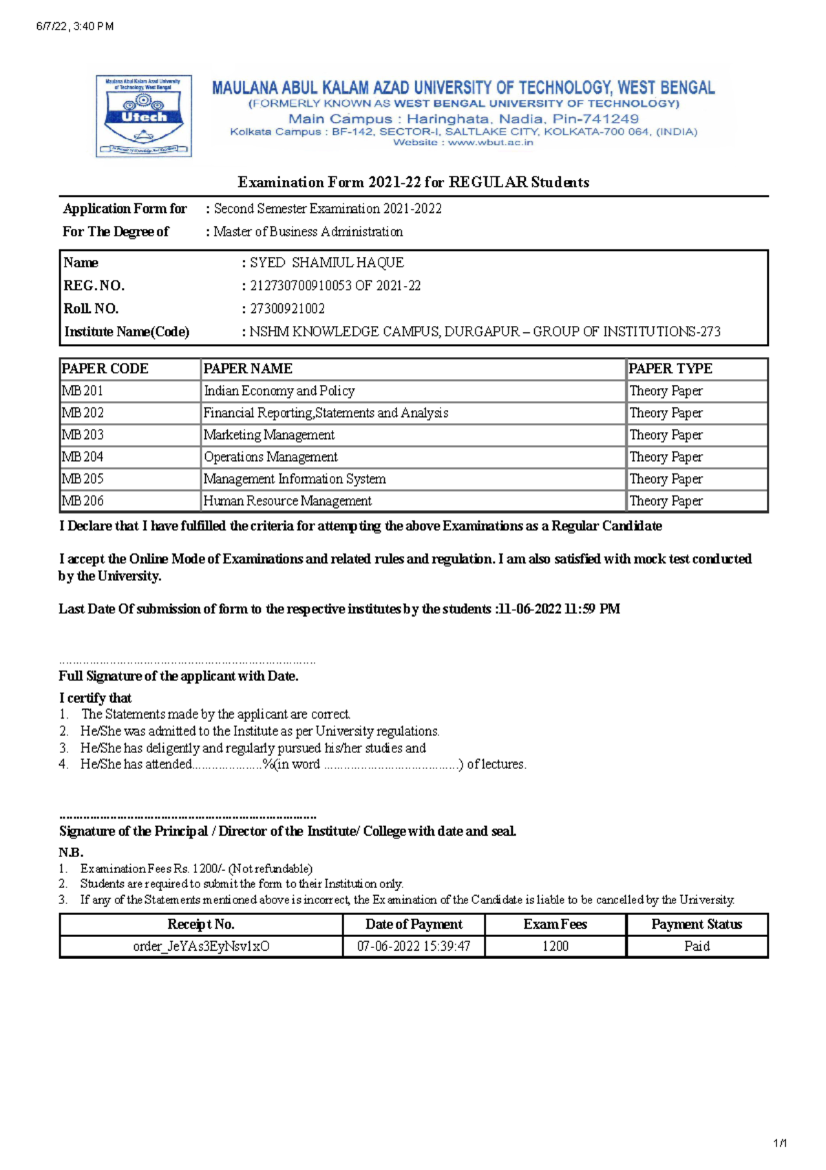 Exam form - full mba - 6/7/22, 3:40 PM 1/ Examination Form 2021-22 for ...