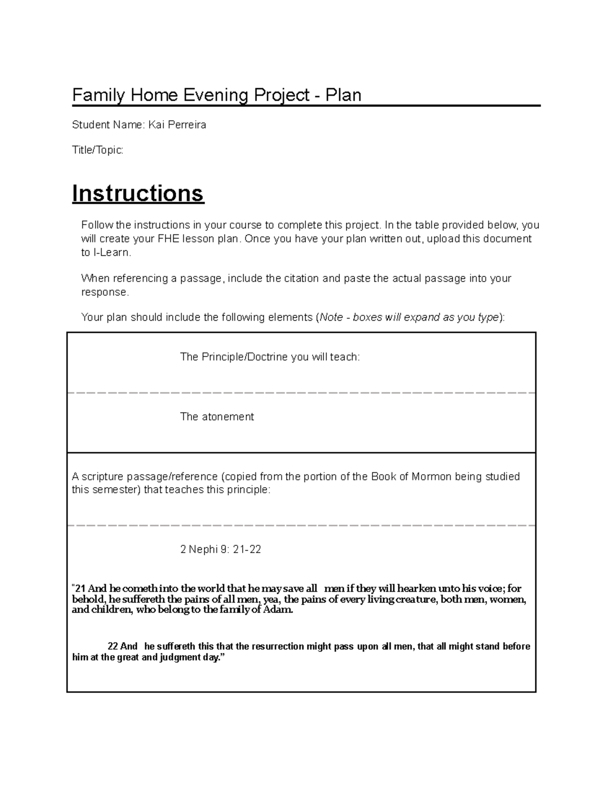Family Home Evening Project - Plan (1) - Family Home Evening Project ...