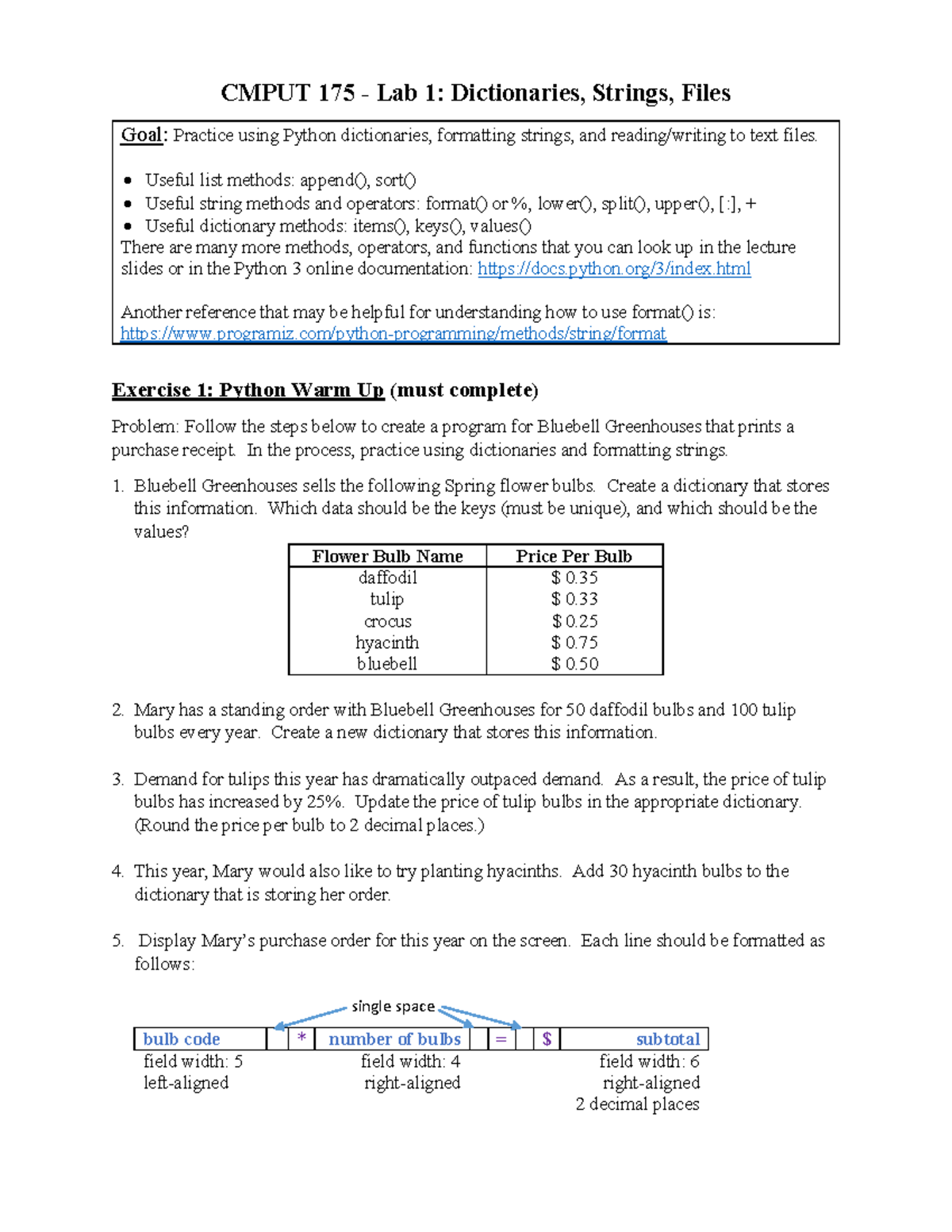 Lab 1 - Dictionaries, Strings, Files - CMPUT 175 - Lab 1: Dictionaries, Strings, Files Goal ...