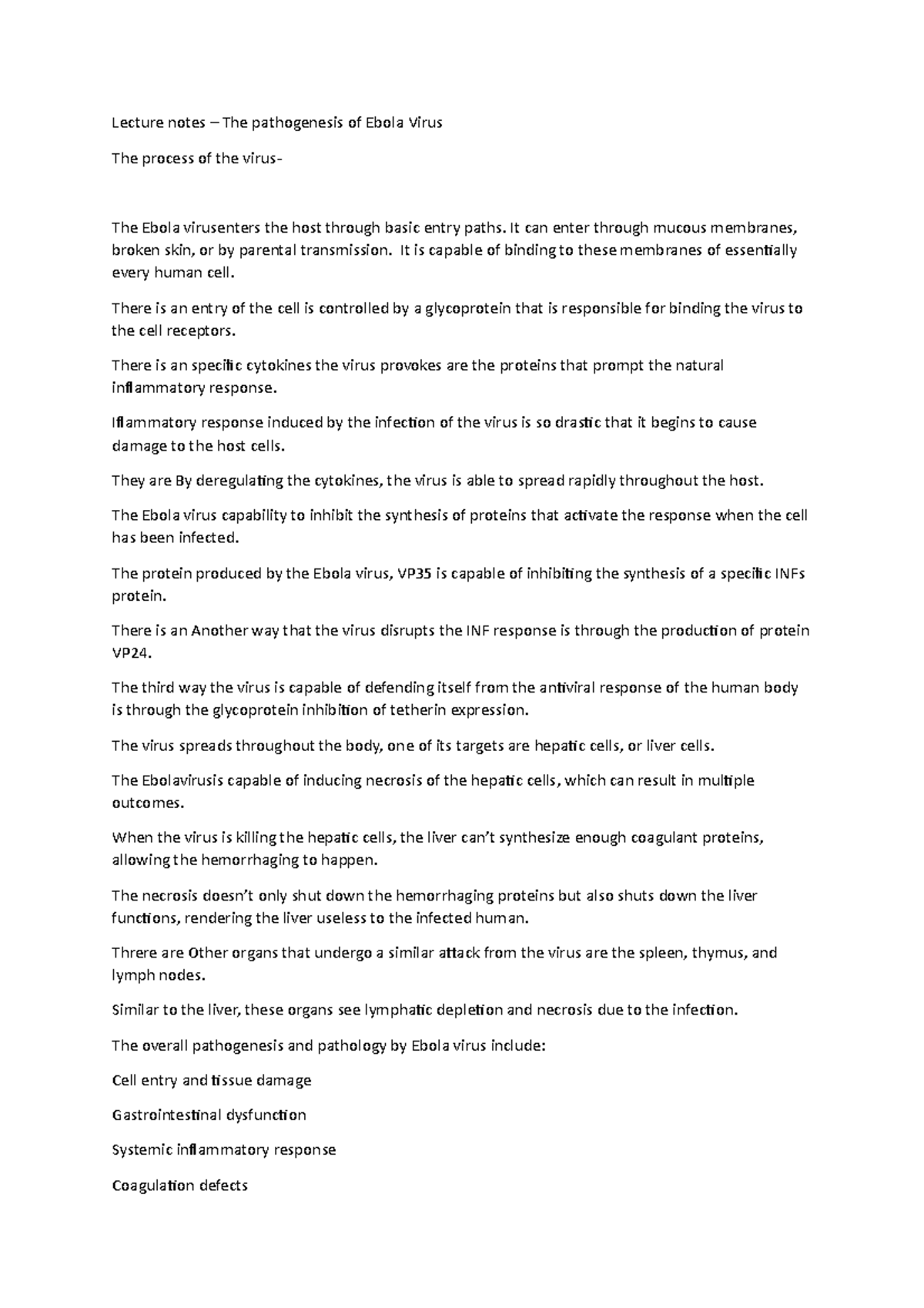 Lecture notes – The pathogenesis of Ebola Virus - It can enter through ...