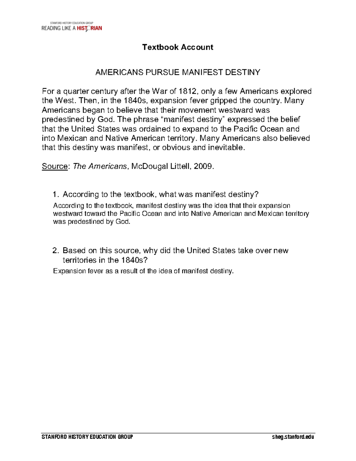 Manifest Destiny Student Work - Textbook Account AMERICANS PURSUE ...
