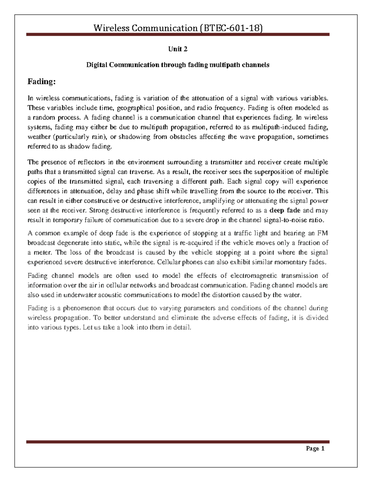 Module 2 Notes - Fading: Unit 2 Digital Communication through fading ...