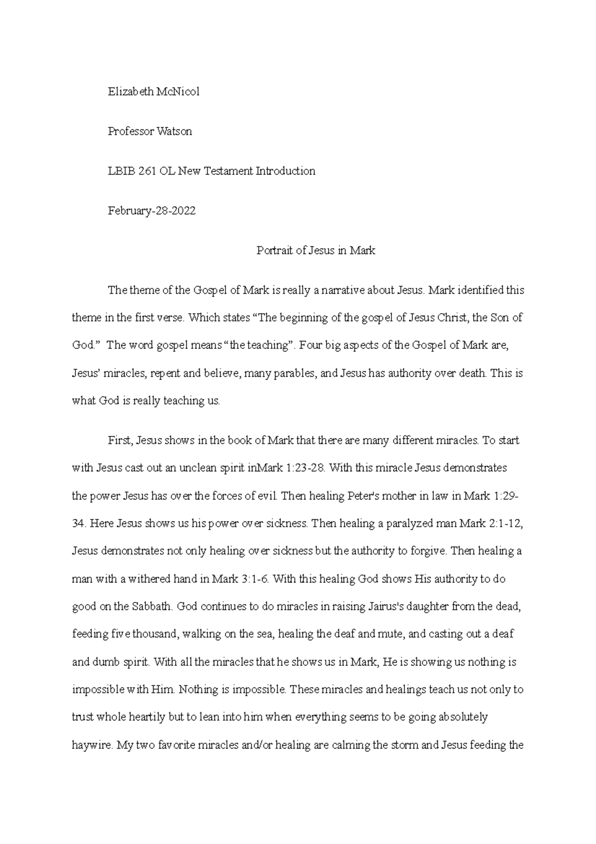 Project 3 Portrait of Jesus in Mark - Elizabeth McNicol Professor ...