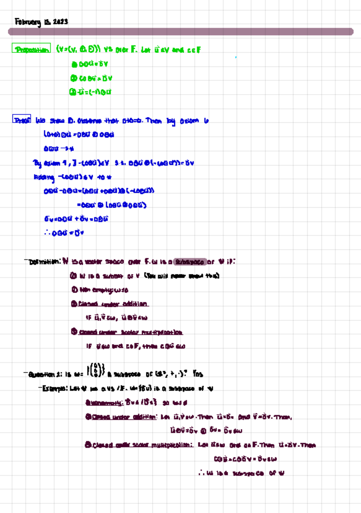 Vector Spaces And Subspaces February 15 Proposition V V A Ol1 Vs Over F Let New And Cef