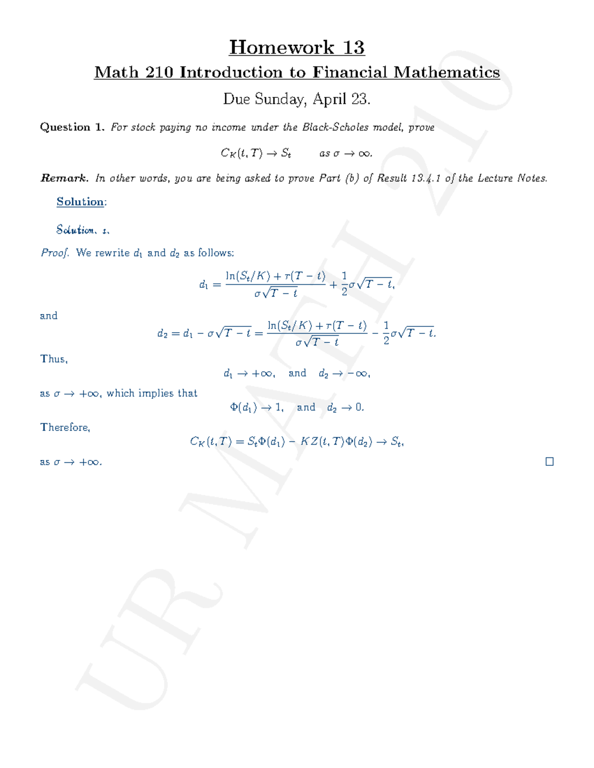 HW13Sol - Homework solution - UR MATH 210 Homework 13 Math 210 ...