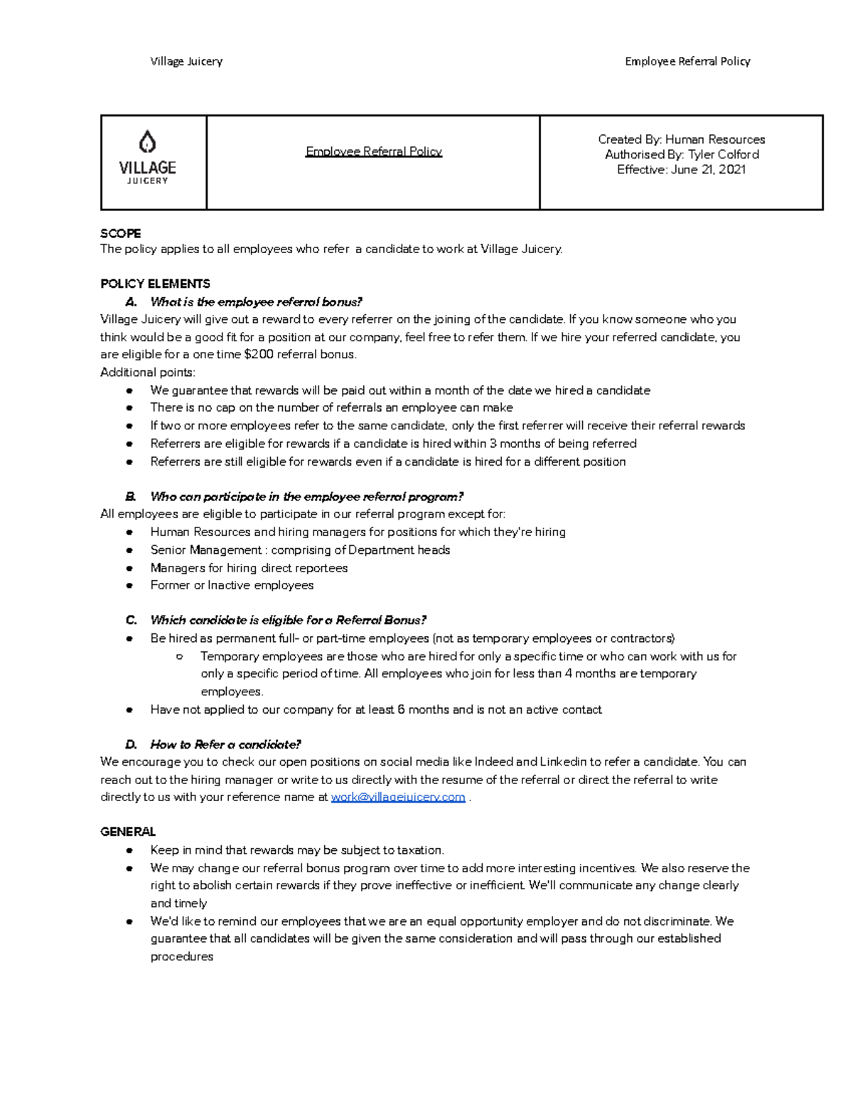 3 Employee Referral Policy - Village Juicery Employee Referral Policy ...