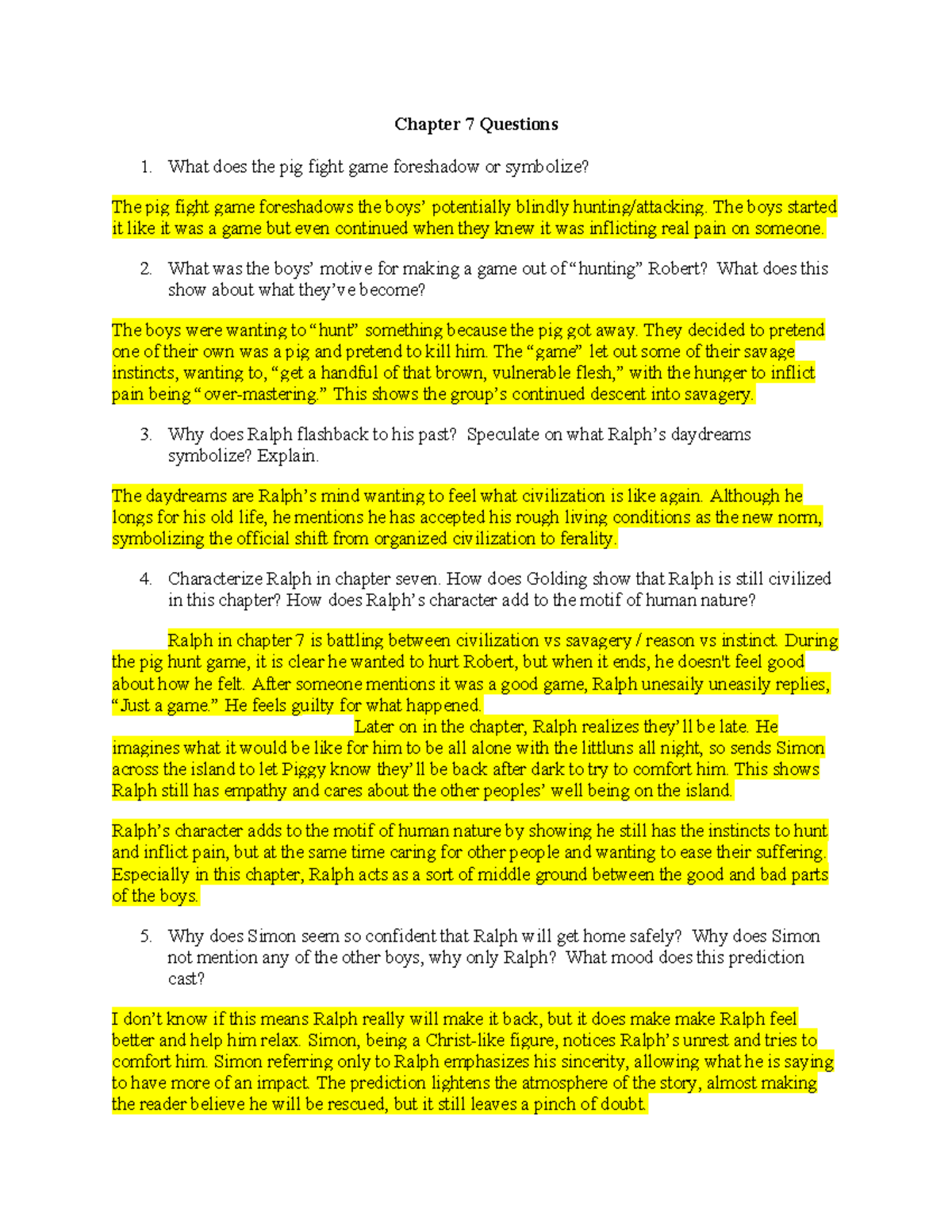 Copy of LOTF Chapter 7 Questions - Chapter 7 Questions What does the ...