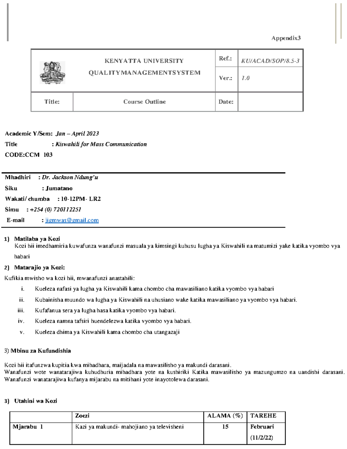 Kiswahili FOR MASS Communication Course Outline - Appendix 3 KENYATTA ...