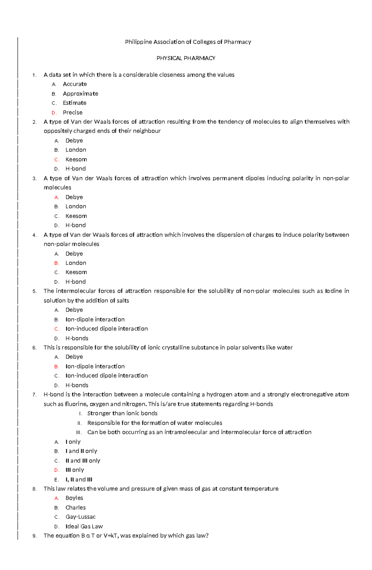 Physical Pharmacy Answer Key-PINK Pacop - Philippine Association of ...