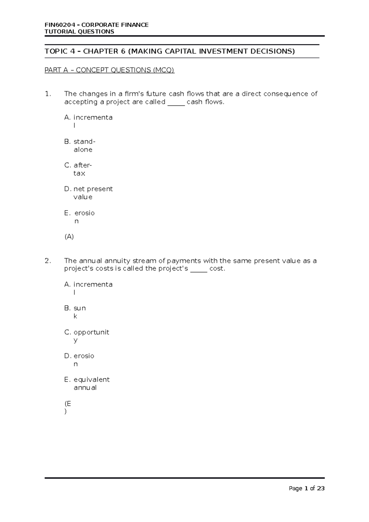 TOPIC 4 – CHAPTER 6 (MAKING CAPITAL INVESTMENT DECISIONS) - TUTORIAL ...
