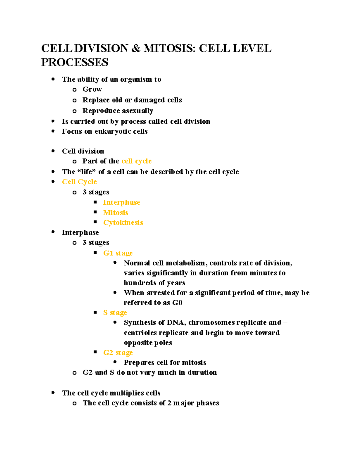 Biology exam 2 notes - gen bio - CELL DIVISION & MITOSIS: CELL LEVEL ...