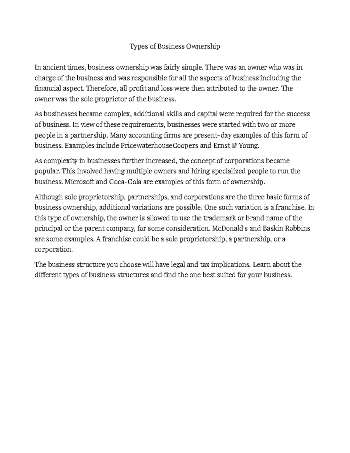 Types of Business Ownership - There was an owner who was in charge of ...